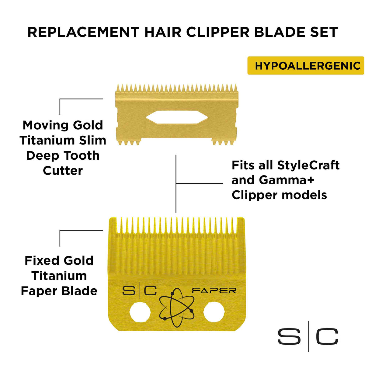 StyleCraft Clipper Blade Set - Gold Fixed Faper Blade with Slim Deep T ...
